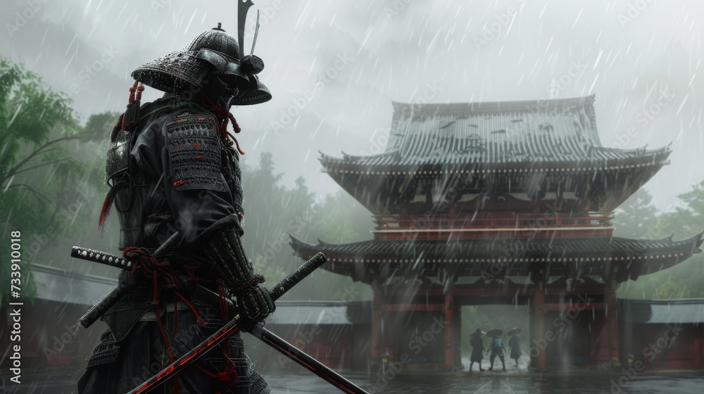 a epic samurai with a weapon sword standing in front of a old japanese ...