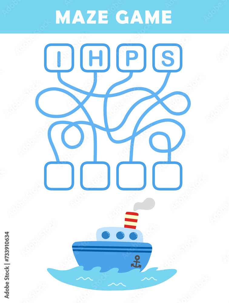 Word maze worksheet for kids with cute SHIP illustration. Labyrinth ...