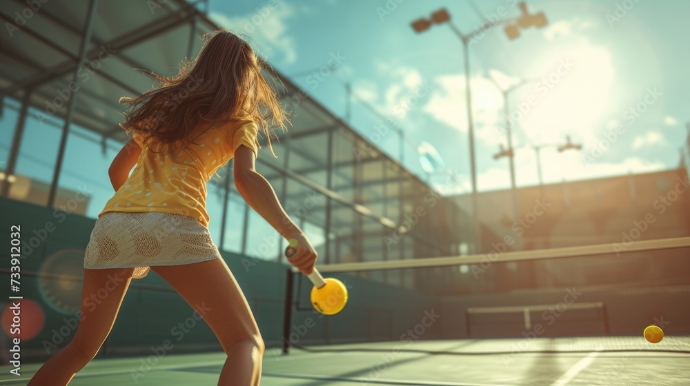 Pickleball in Action, dynamic shot captures a young woman intensely ...