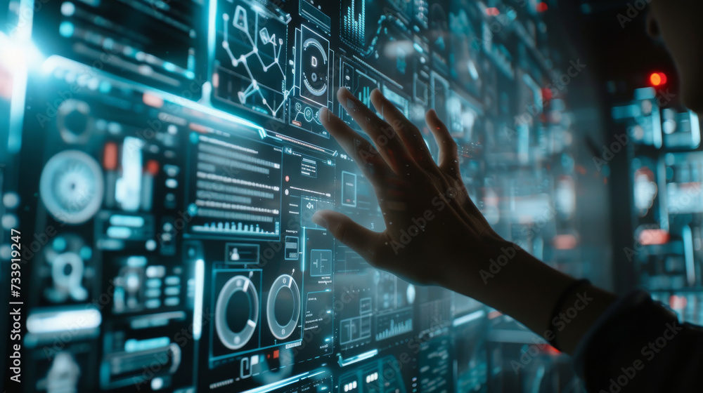 AI generative concept with programmer hand holding virtual command interface of machine learning ...