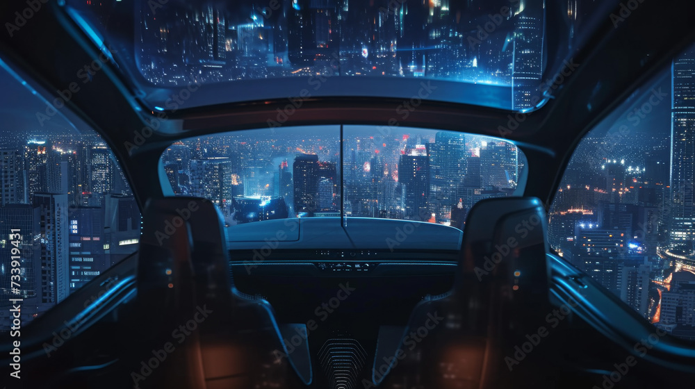 Air taxi window view of city at night. Air vehicle. Personal air ...