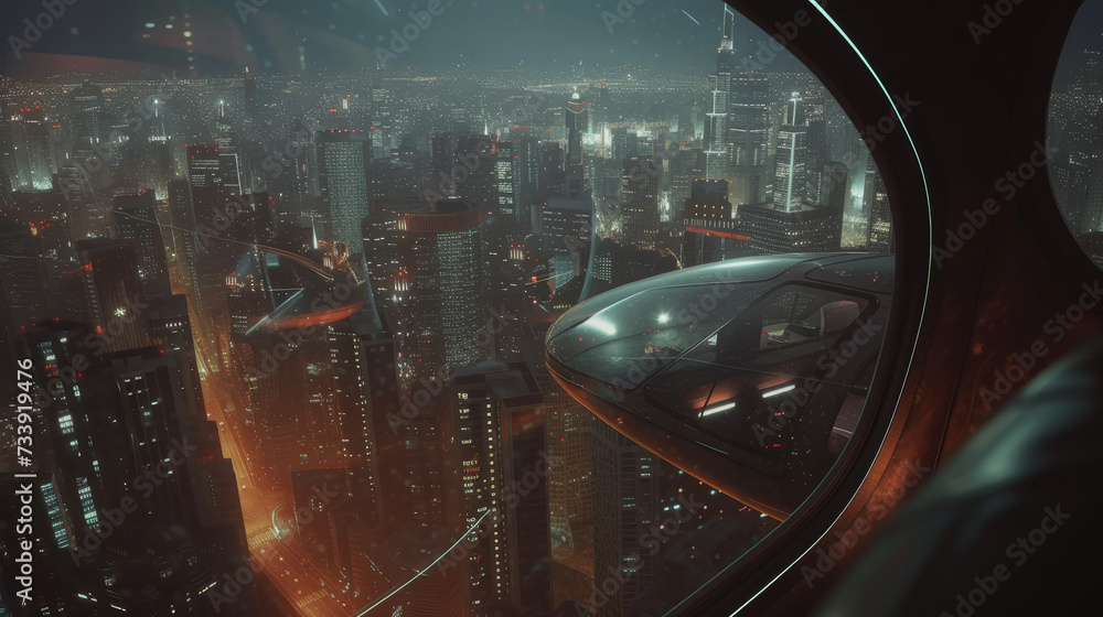 Air taxi window view of city at night. Air vehicle. Personal air ...