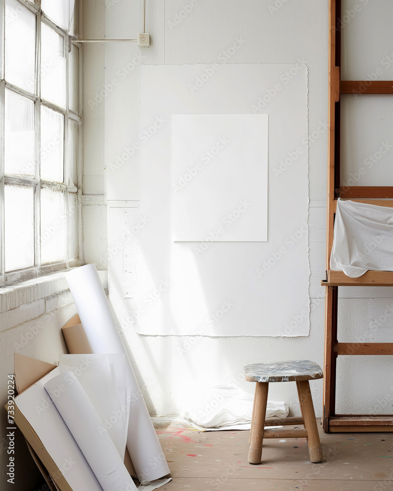 A blank paper mockup in a bright and airy artist studio with white ...