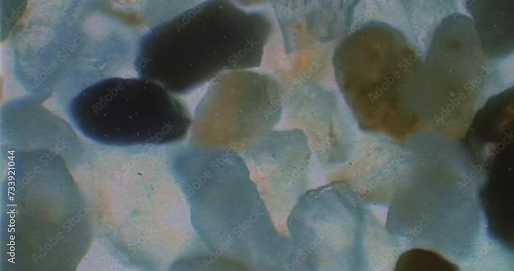 Videotape of rocks with bacteria under a microscope. Crystals with ...