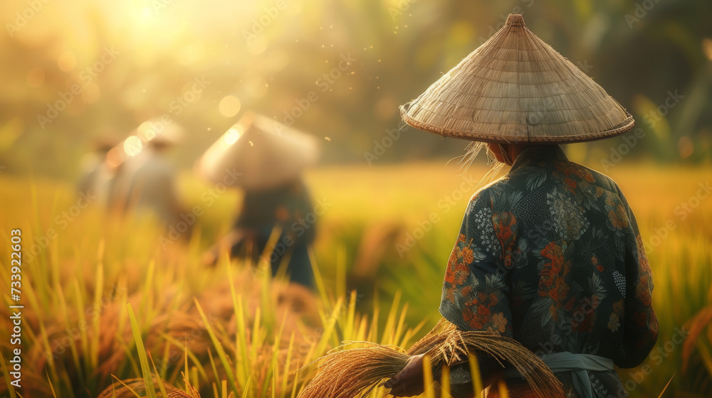 asian chinese farmer workers working at rice farm fields and harvesting ...