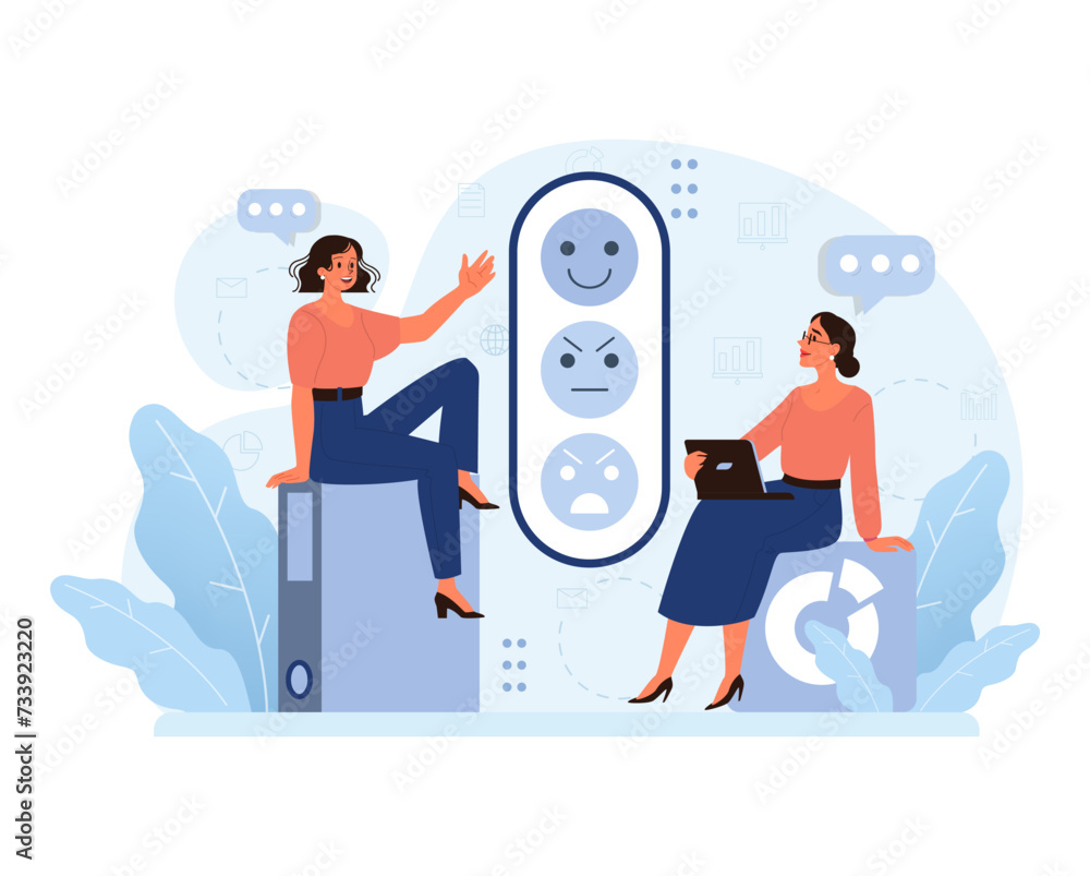Grafika wektorowa Stock: Digital feedback concept. Two women analyzing ... Grafika wektorowa Stock: Digital feedback concept. Two women analyzing ...