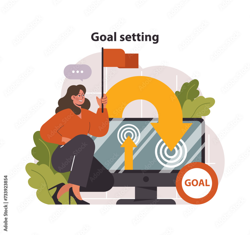 Goal Setting concept. A determined woman points towards her objective ...