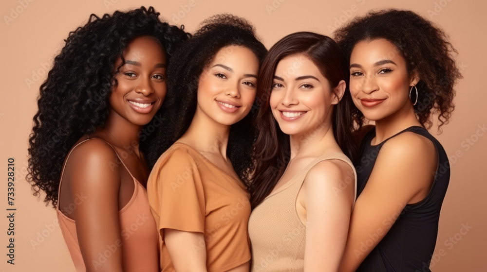 Diverse group of joyful women posing together in a studio setting Stock ...