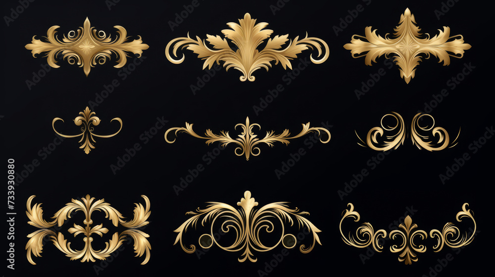 Elegant gold filigree designs set on a black background for luxury ...
