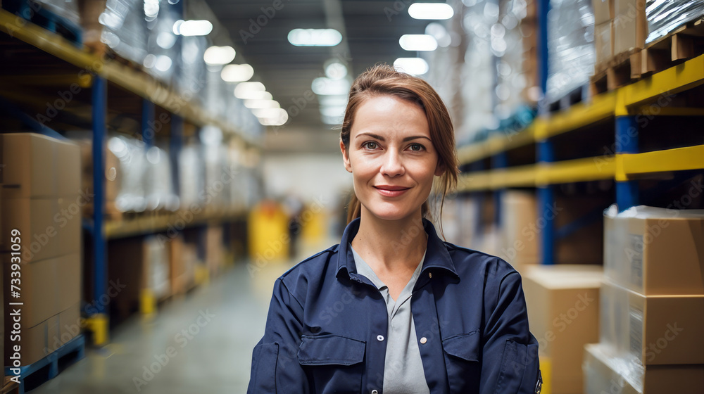 Confident female manager standing in a warehouse, overseeing logistics ...