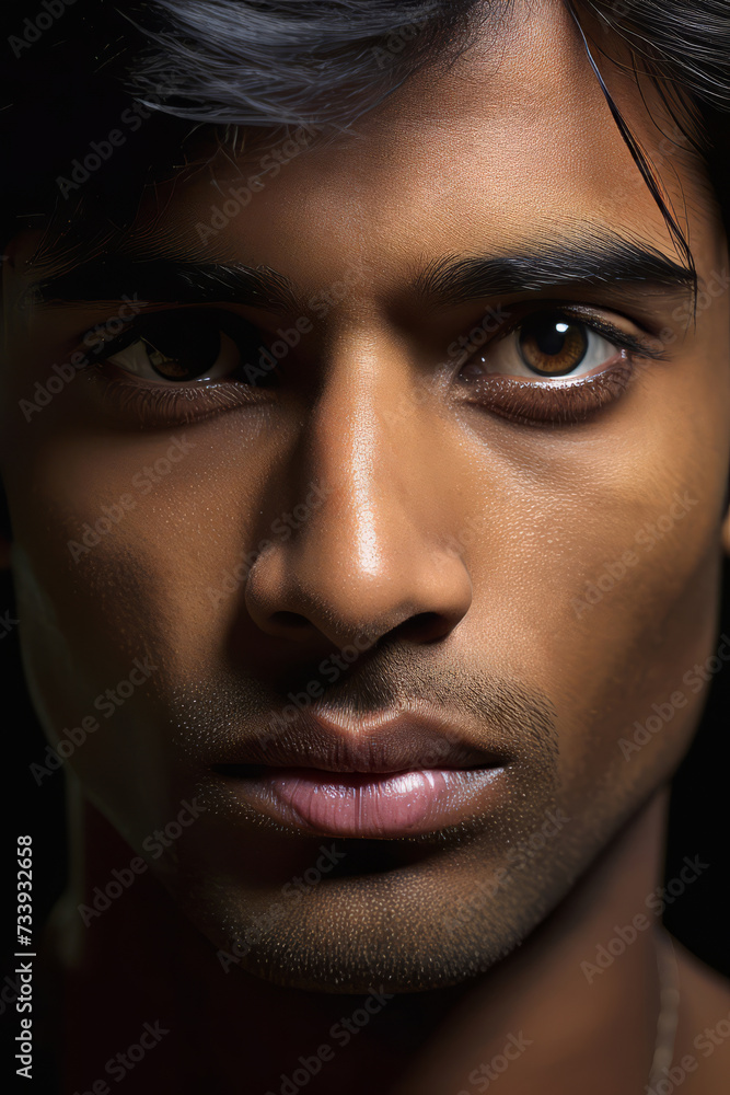 Close-up portrait of a young man with intense gaze on a dark background ...