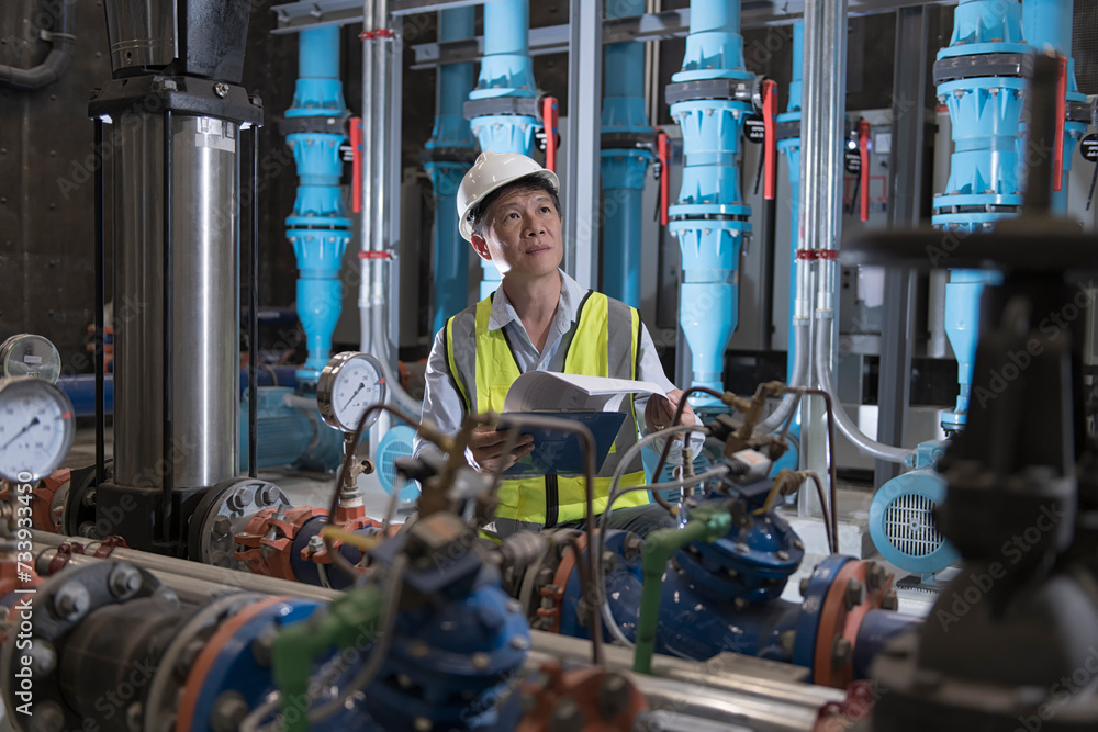person in PPE with a hand hold folder checking in Pump room. Male ...