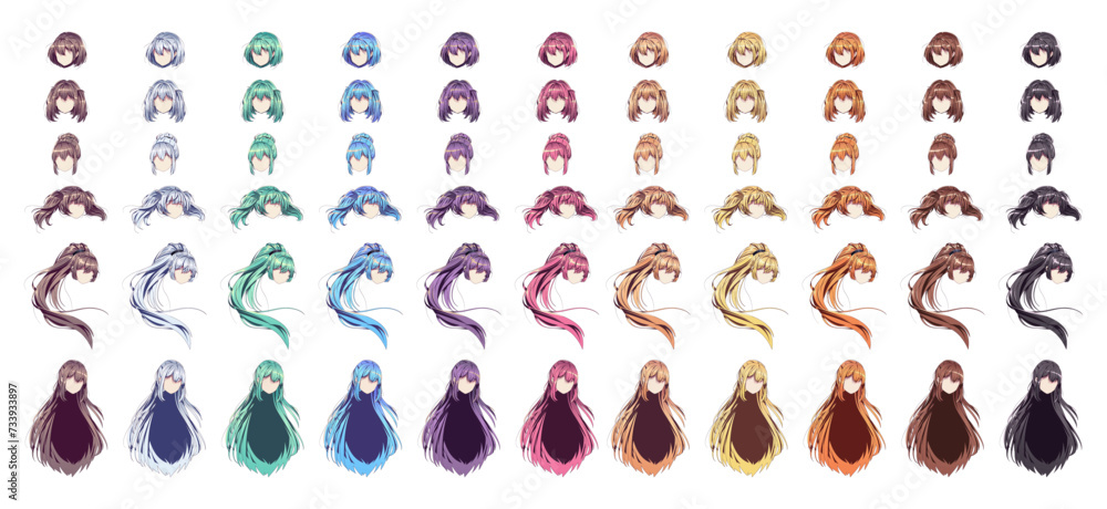 Anime character hairstyles color vector illustration set. Japanese ...