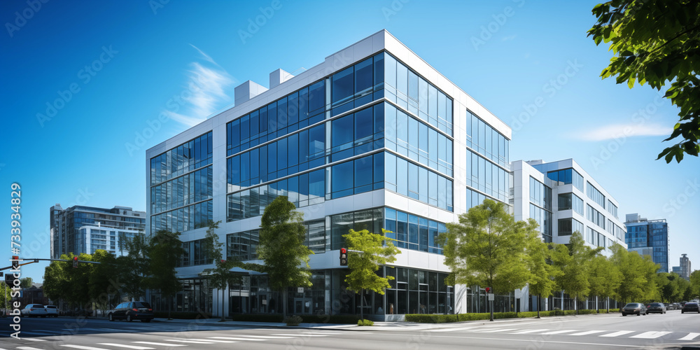 Realistic commercial building with sleek glass facade, Photo of a ...