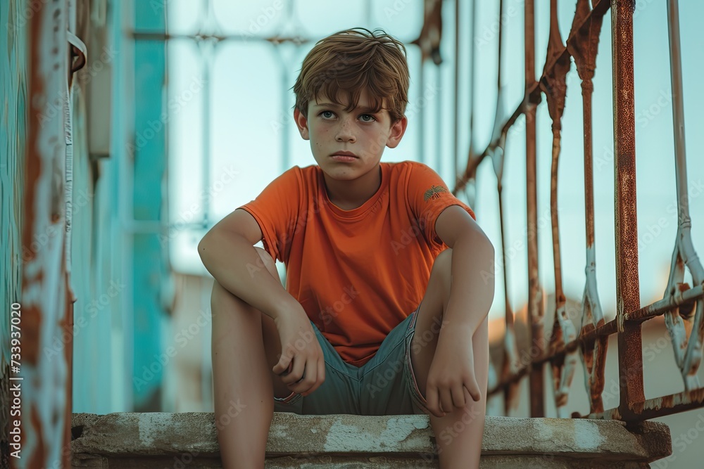Lonely little boy sitting alone, his expression reflecting sadness and ...
