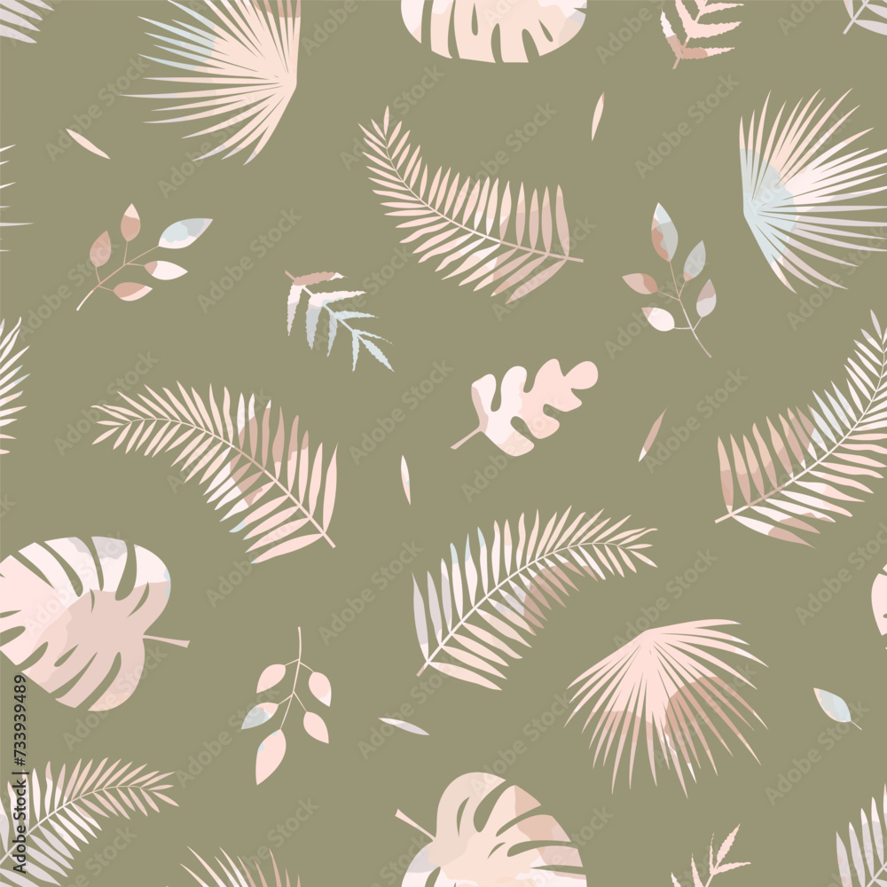 Vector seamless pattern with tropical leaves in discreet colors. For ...