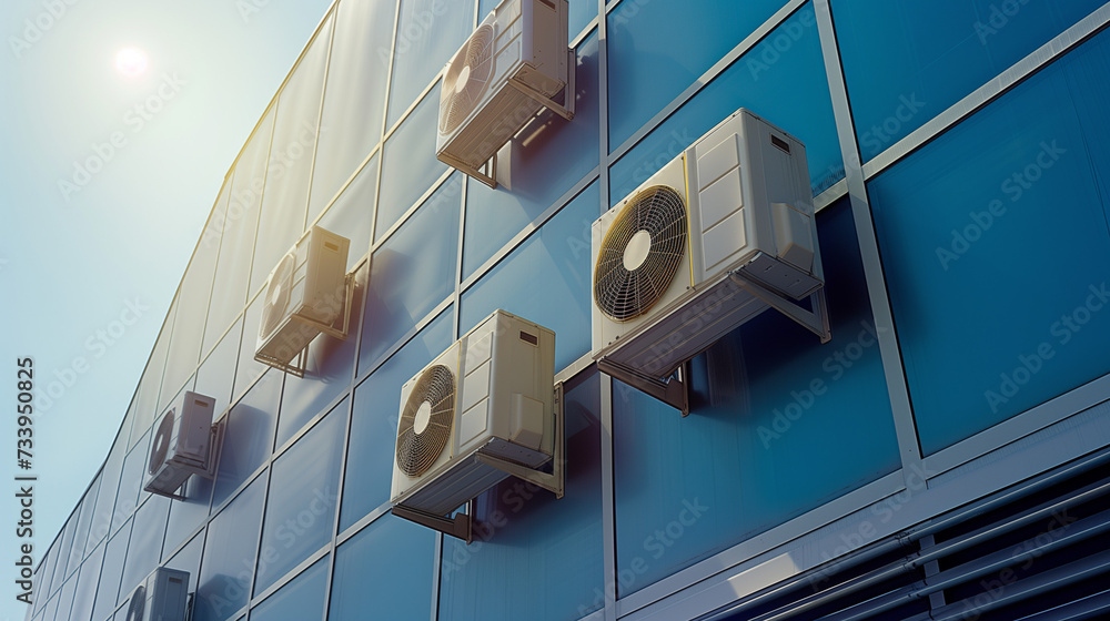 Exterior shot of a commercial building with multiple air conditioning ...