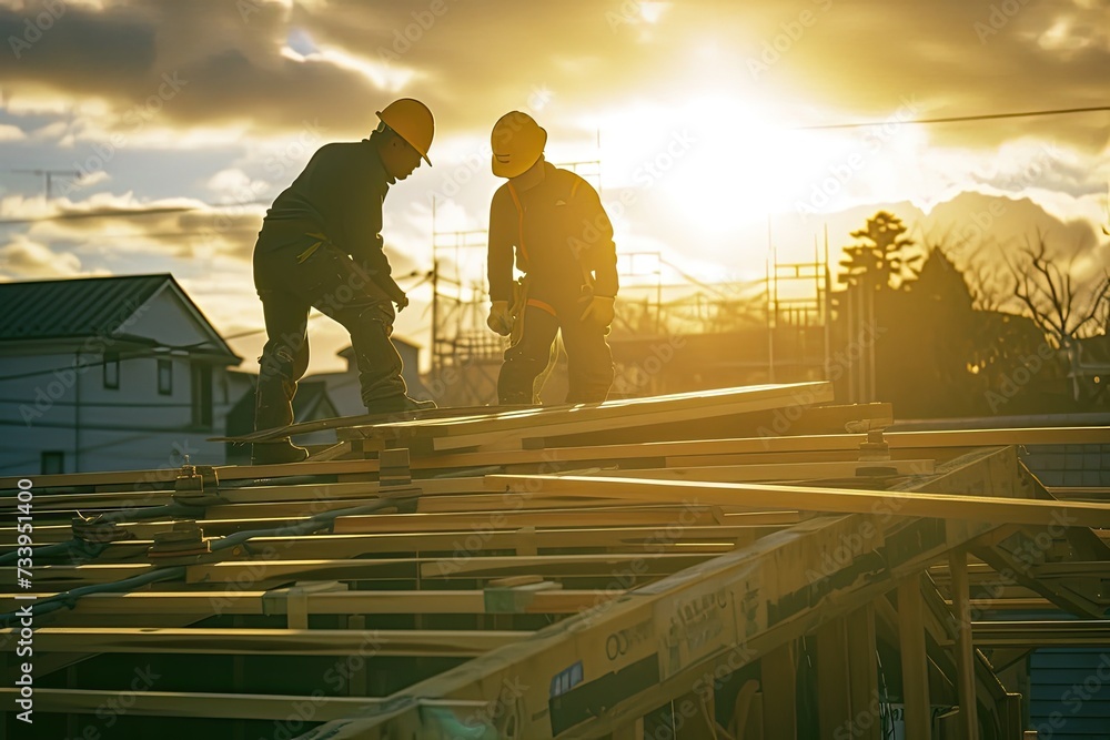 A construction roofing worker, clad in a safety suit, stands atop a ...