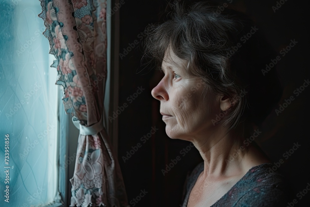 Alone and contemplative, an older woman stares out the window ...