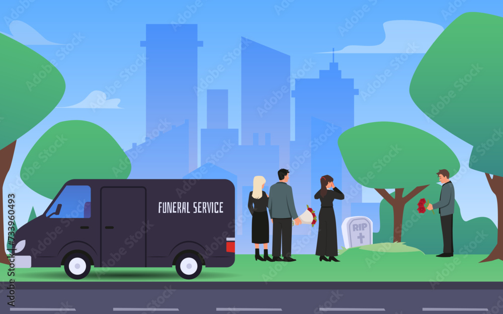 Funeral cemetery ceremony vector illustration, mourning people standing ...