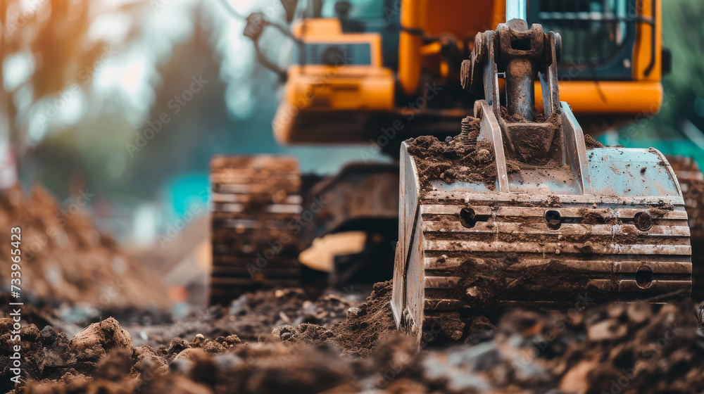 Selective focus on metal bucket teeth of backhoe digging soil. Backhoe ...