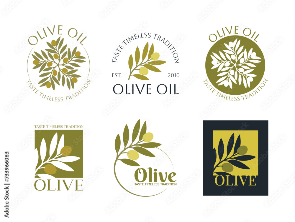 Set of vector logos of olive branch with leaves. Modern hand drawn ...