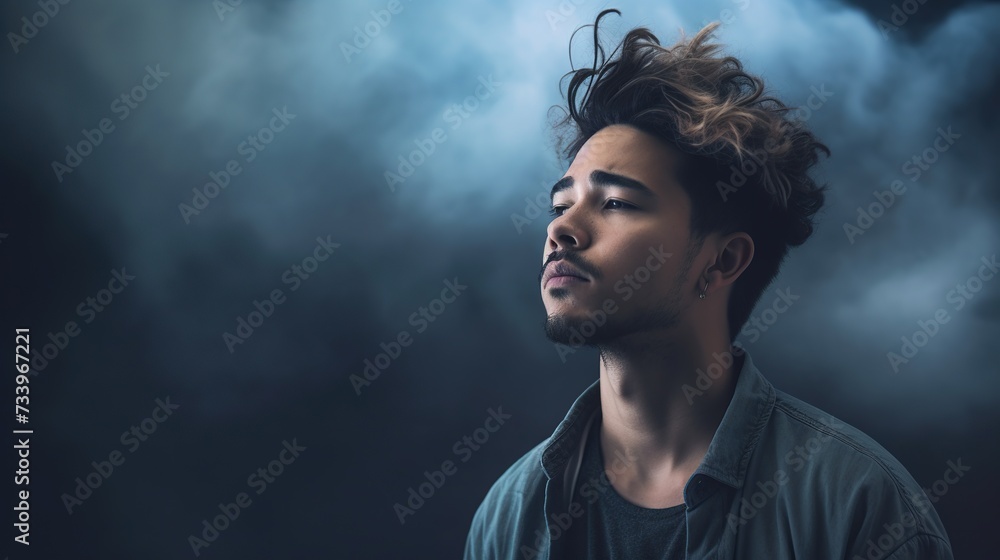 A sad young man has a clouded mind. A depressed teenager boy suffers ...