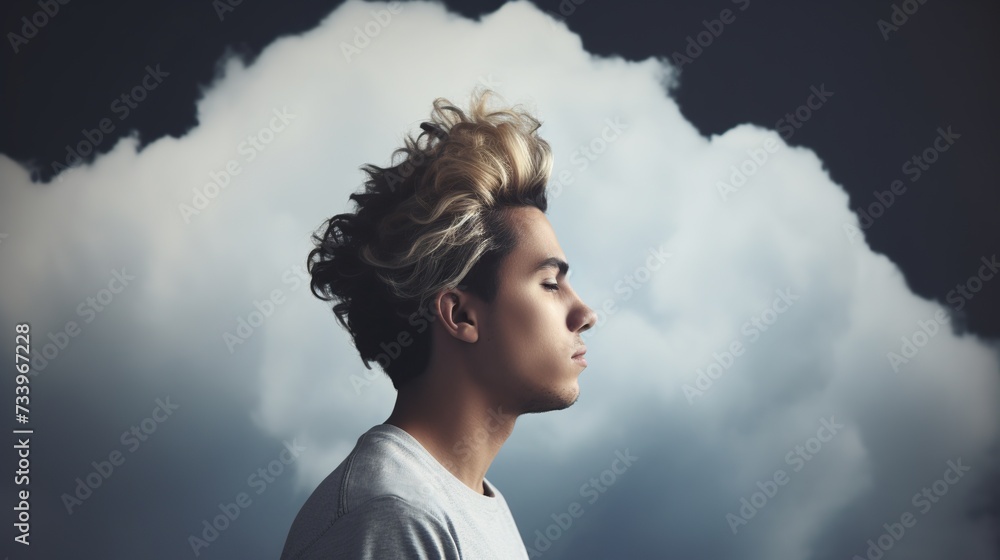 A sad young man has a clouded mind. A depressed teenager boy suffers ...