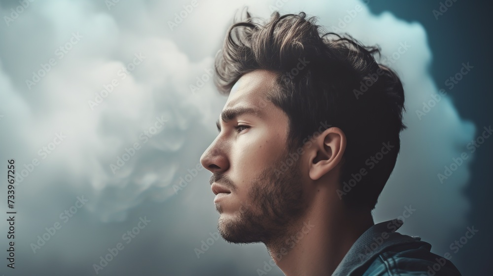 A sad young man has a clouded mind. A depressed teenager boy suffers ...