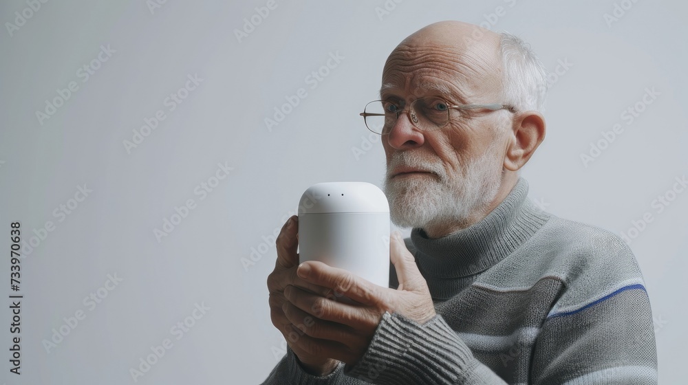 Senior using voice controlled smart speaker and personal asistent ...