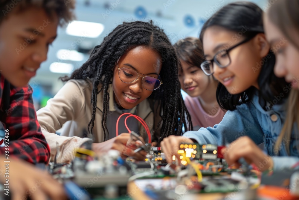 Diverse high school students building electronic circuits Stock Photo | Adobe Stock