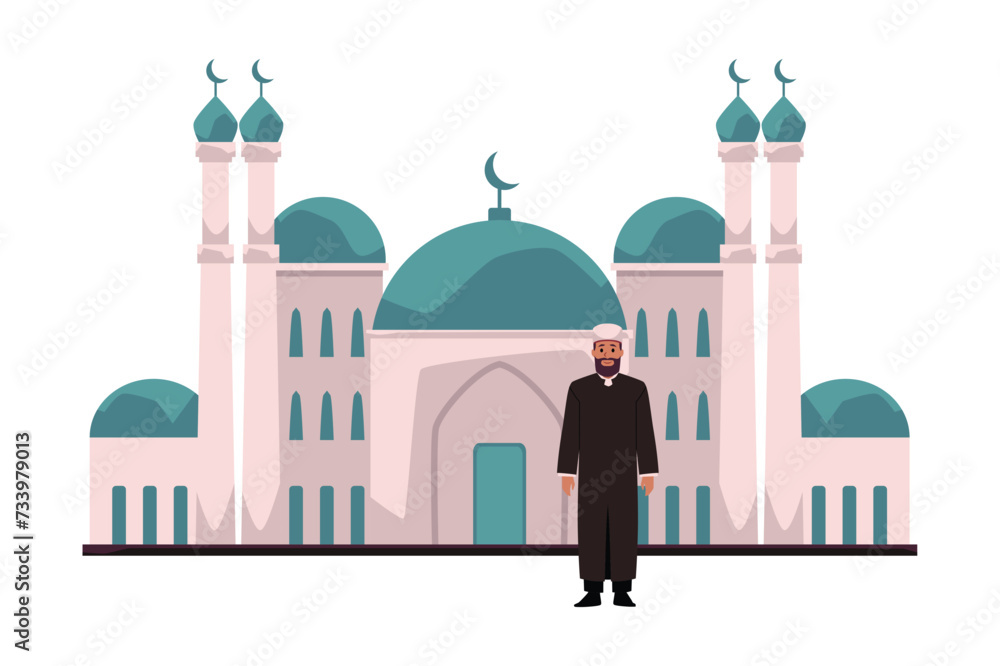 Mullah, Imam or Mufti on background mosque with crescent, vector ...