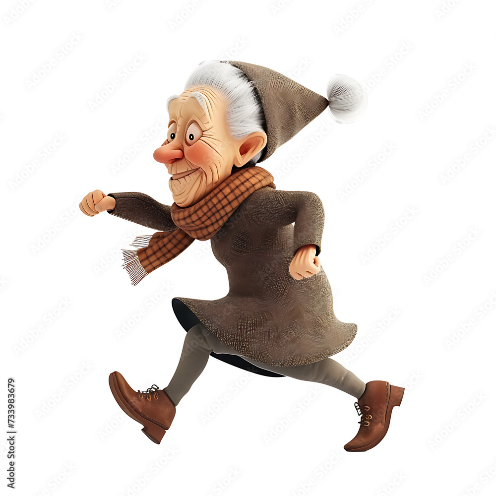 3d rendering old woman cartoon character happily jogging on transparent ...