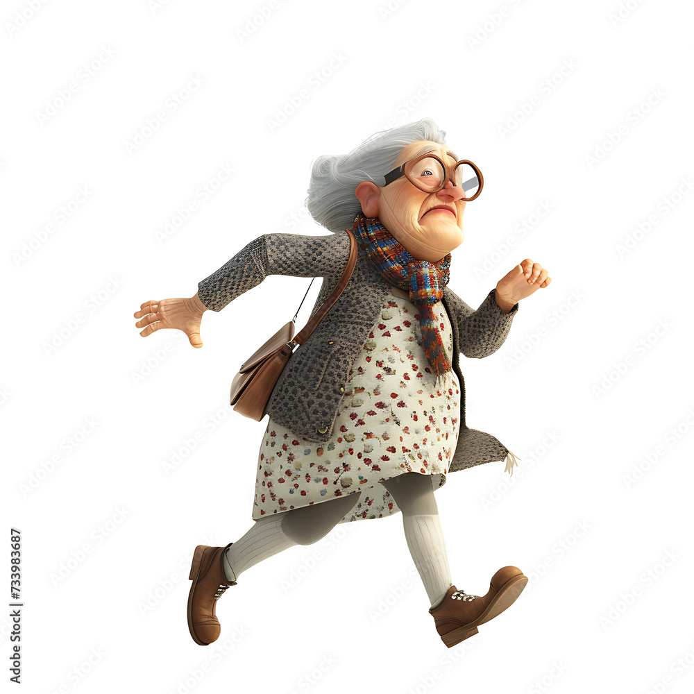 3d rendering old woman cartoon character happily jogging on transparent ...
