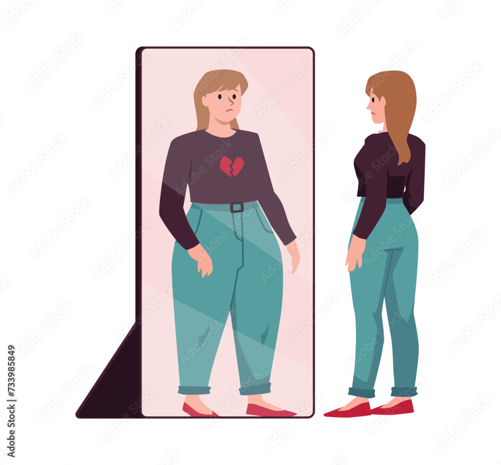 Cartoon sad skinny woman look in mirror and see fat obese reflection ...