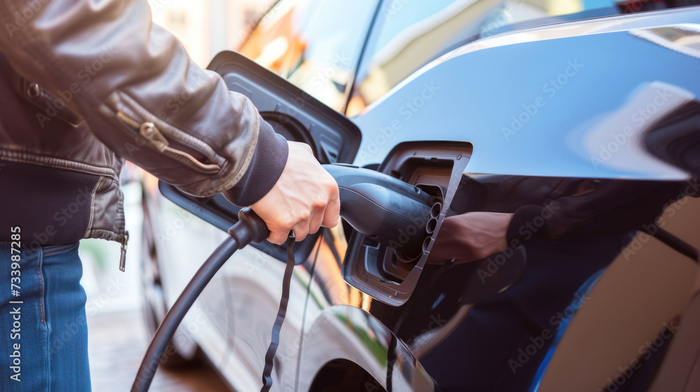 people hand charging electric vehicle charging with power cable supply ...
