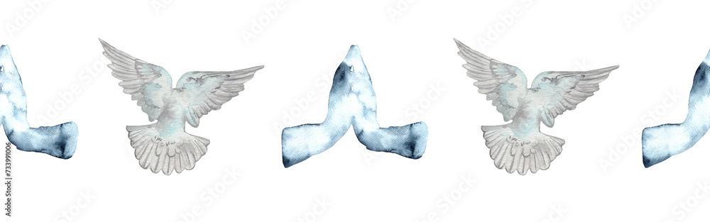 Watercolor birds flying pigeon chross border. Birds seamless border ...