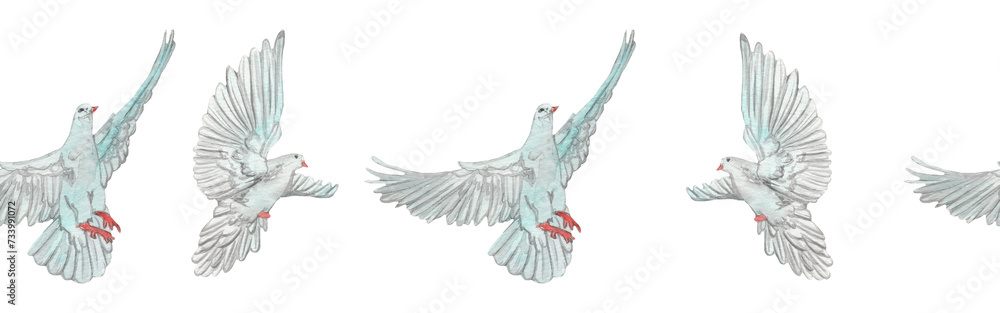 Watercolor birds flying pigeons border. Birds seamless border. Hand ...