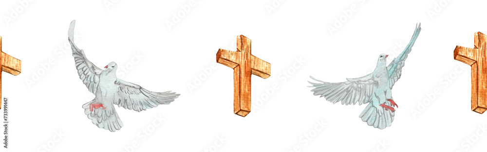 Watercolor birds flying pigeon chross border. Birds seamless border ...