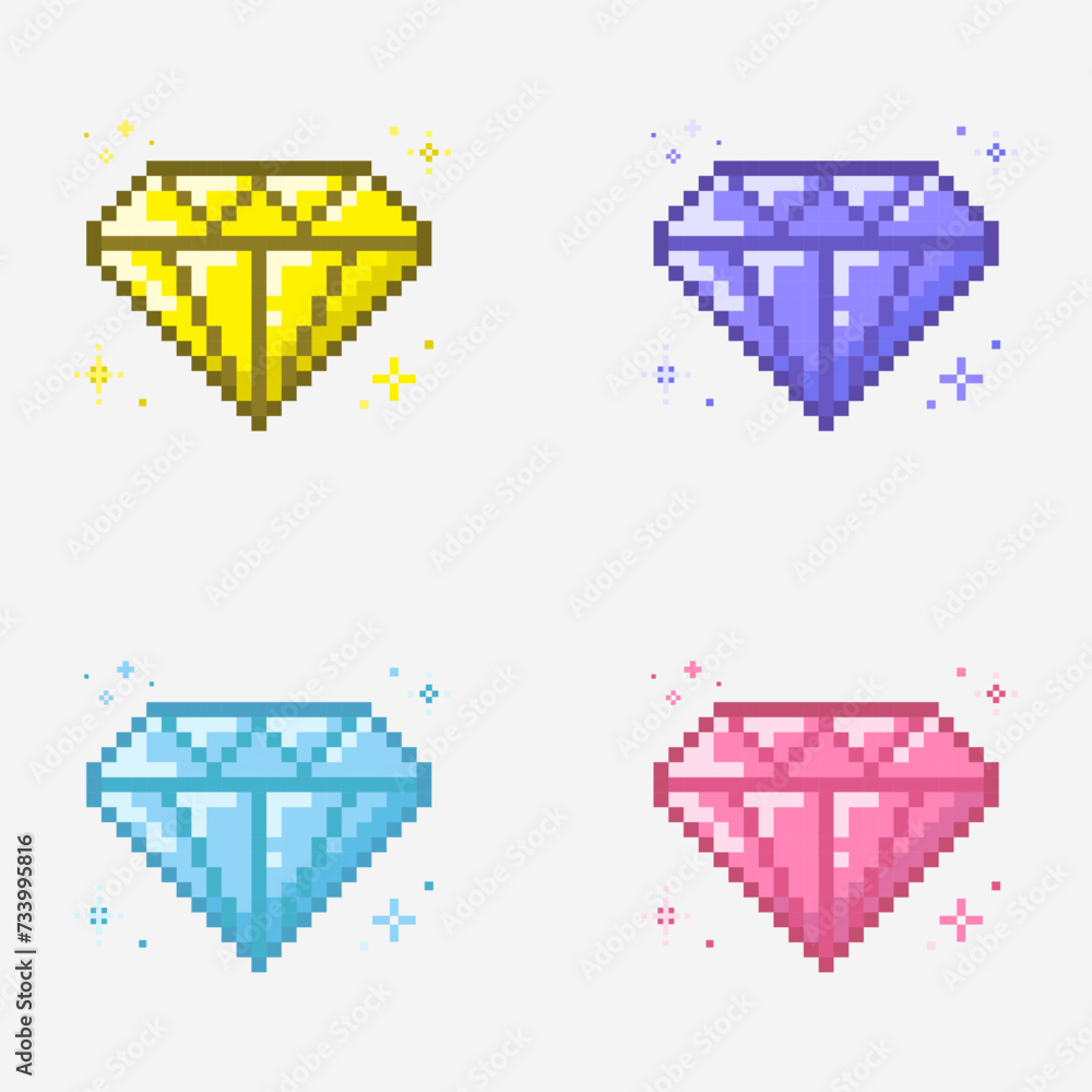 Diamonds with sparkling pixel art 8 bit style for game item design ...