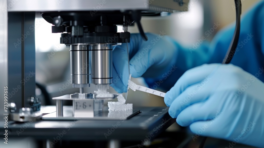 Materials engineer performing tensile test on a polymer sample in a ...