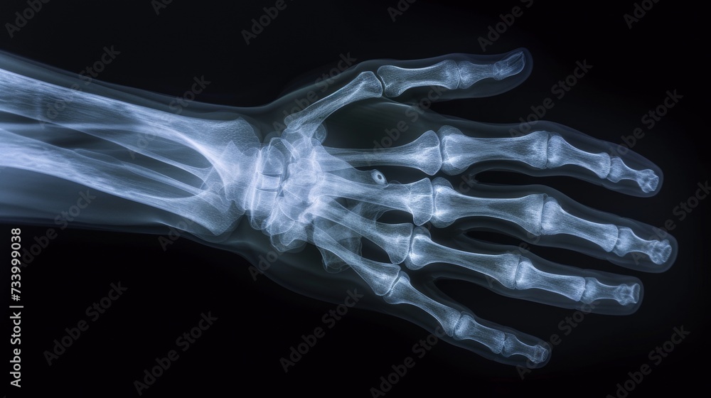 Hand X-ray showing bones, joints, and soft tissues with arthritis and ...