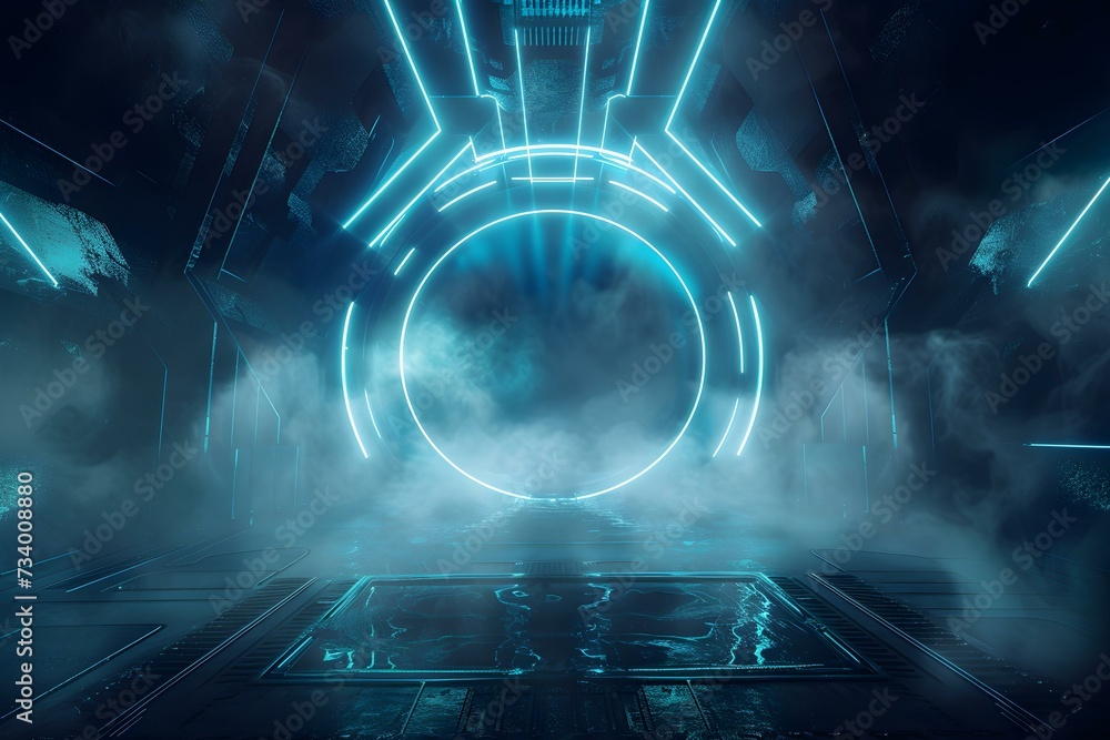 Smoke Fog Mist Neon Glowing Laser Podium Sci Fi Futuristic Circle Lines ...