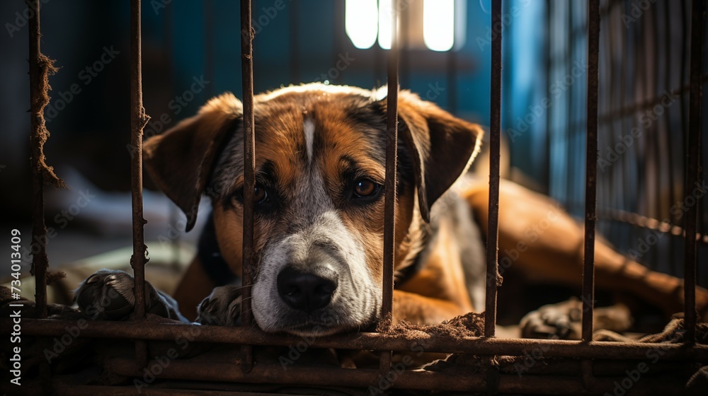 Photograph of poor abandoned dog in an old cage. Behind rusty bars ...