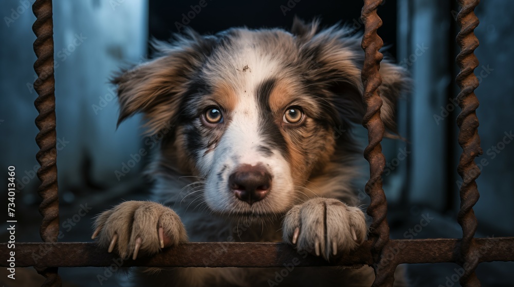 Photograph of poor abandoned dog in an old cage. Behind rusty bars ...