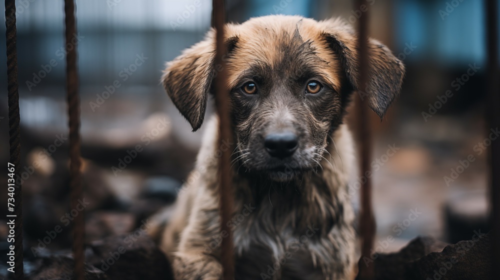 Photograph of poor abandoned dog in an old cage. Behind rusty bars ...