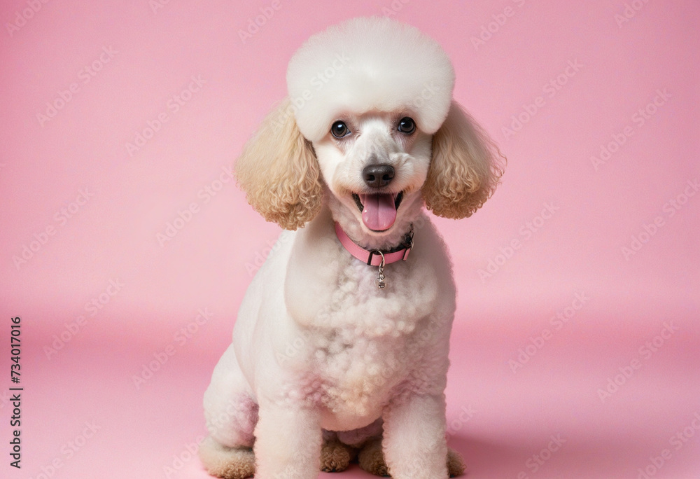 Charming adult pink poodle dog on vibrant pink backdrop, endearing ...