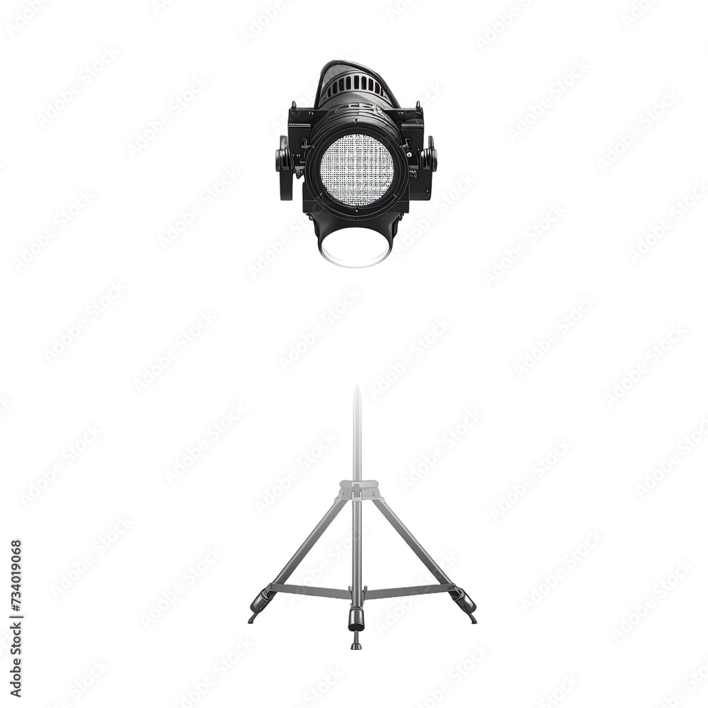 Show stage spotlight lamp with light beam on white or transparent ...