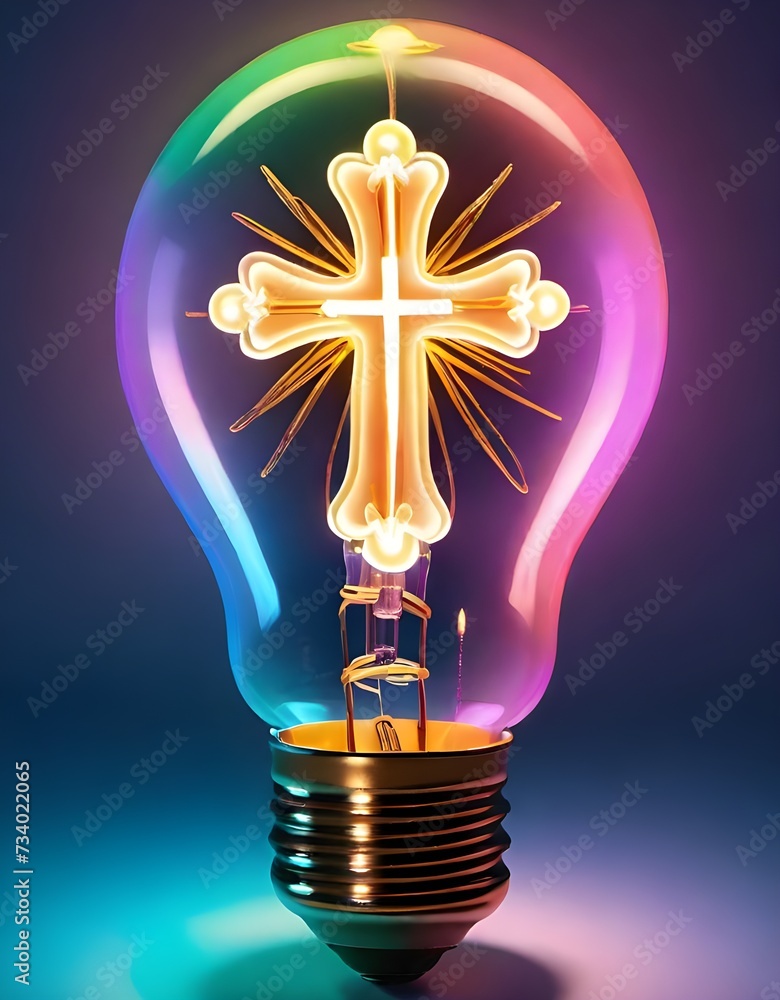 Cross crucifix bright neon filament inside lightbulb on plain ...