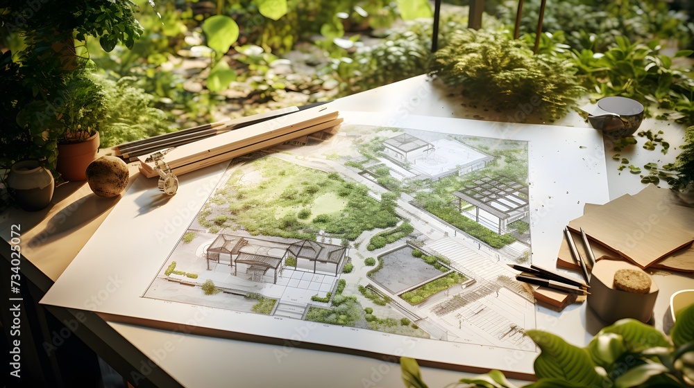 Architectural plans with landscape design on the desk. Top view Stock ...